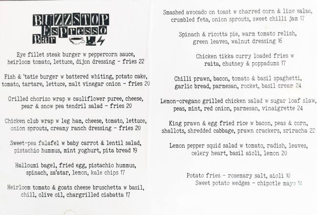 Menu at Buzz Stop Espresso Bar, Samford Village