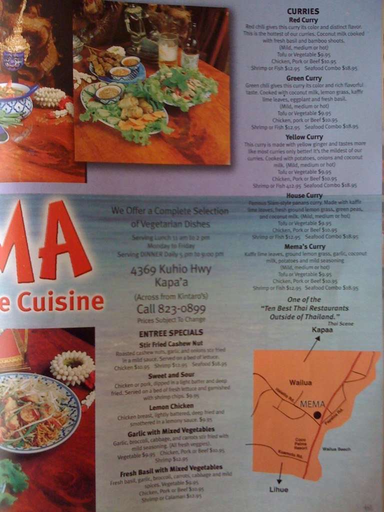Menu at Mema restaurant, Kapaa