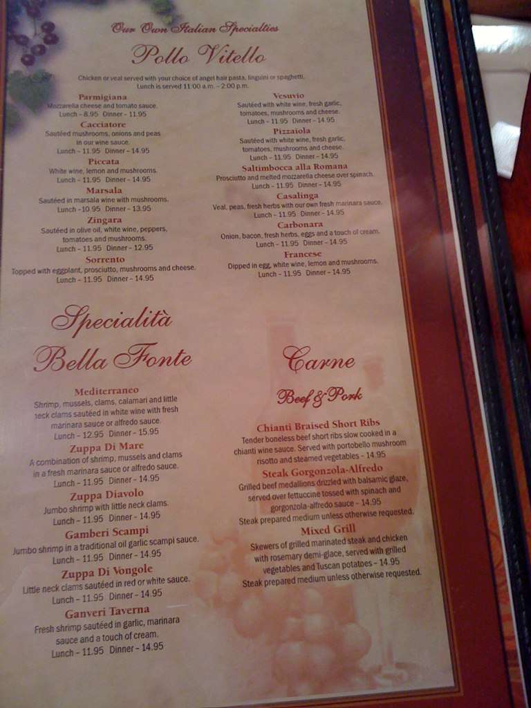 Menu at Bella Fonte restaurant, Ashland