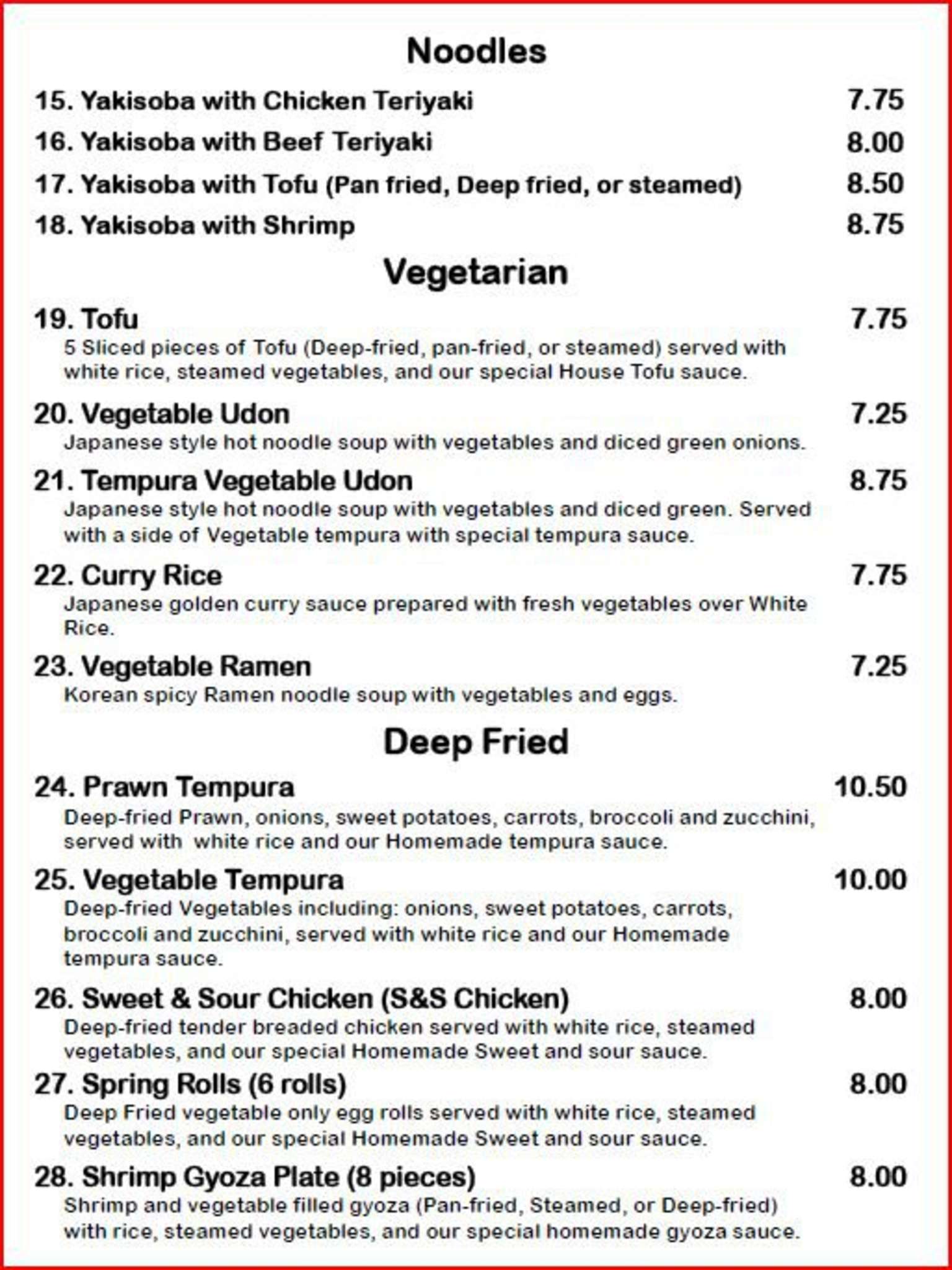 Menu at Toki Teriyaki restaurant, Albany