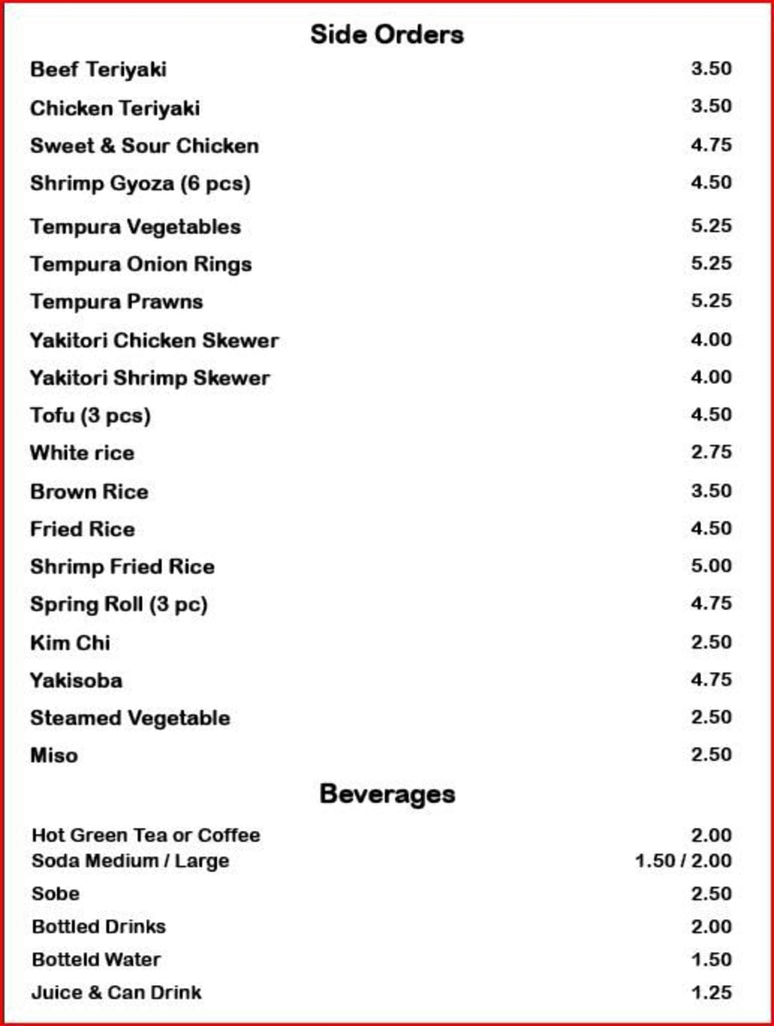 Menu at Toki Teriyaki restaurant, Albany