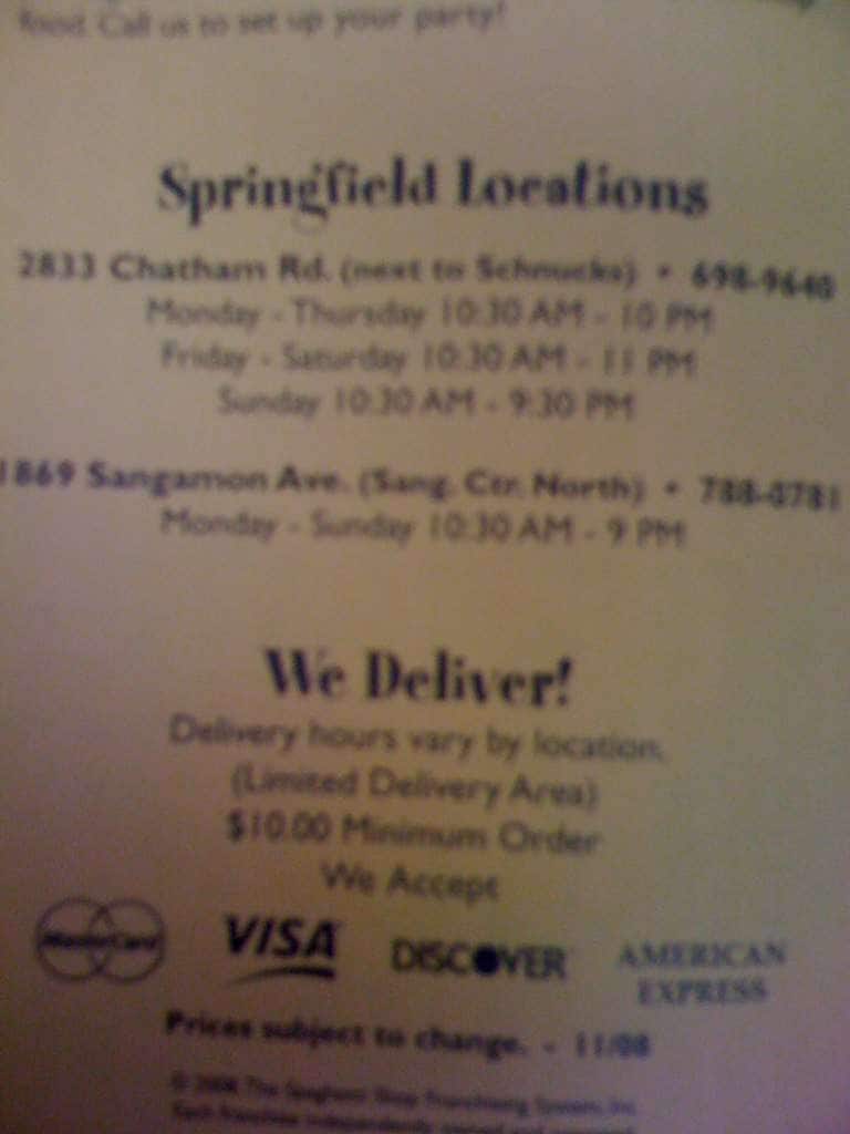 Menu at Spaghetti Shop restaurant, Springfield