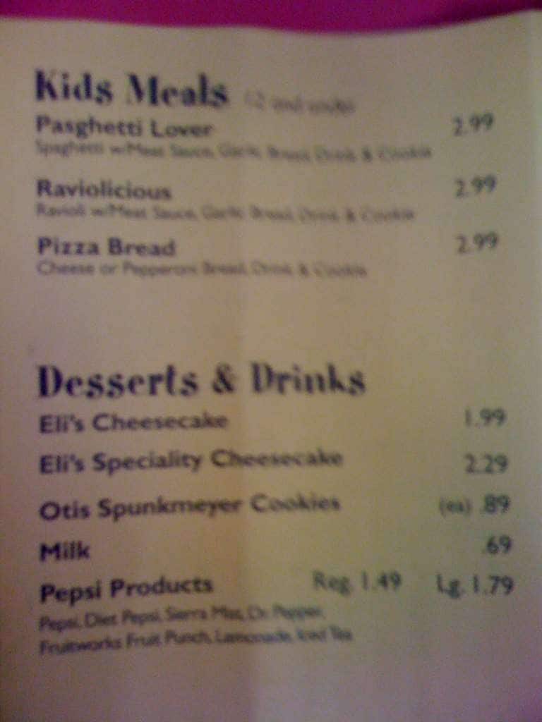 Menu at Spaghetti Shop restaurant, Springfield