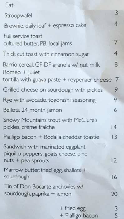 Menu at Barrio Collective Coffee., Braddon