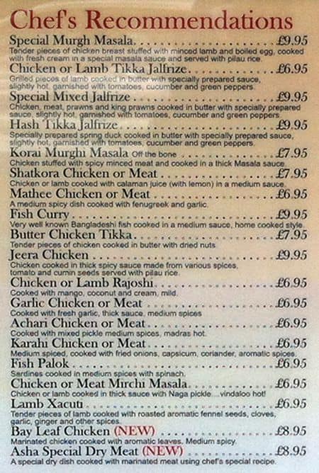 Menu at Asha Tandoori restaurant, Bromley, 68 Station Approach