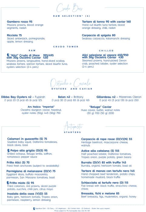 Menu of Alici, Bluewaters Island, Dubai