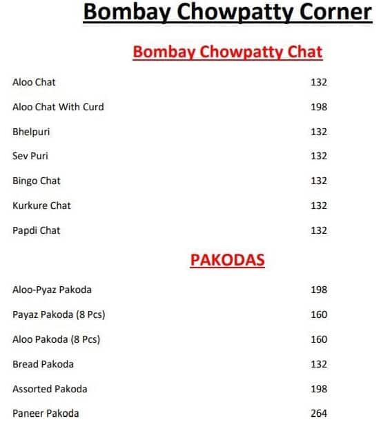 Menu of Bombay Chowpatty Corner, Mansarovar, Jaipur