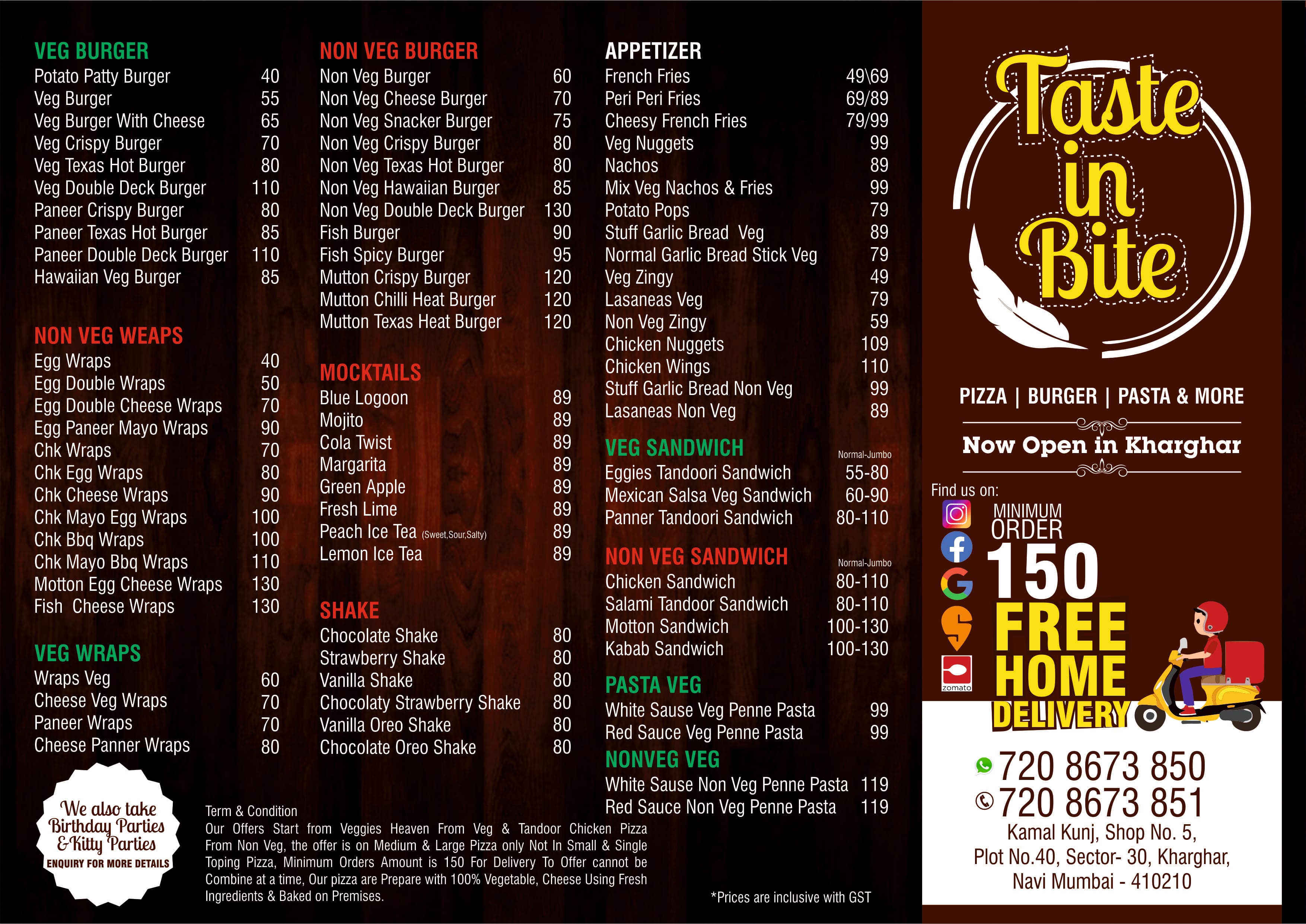 Menu of Taste in Bite, Kharghar, Navi Mumbai