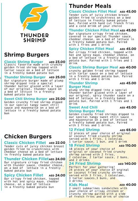 Menu at Thunder Shrimp, Dubai