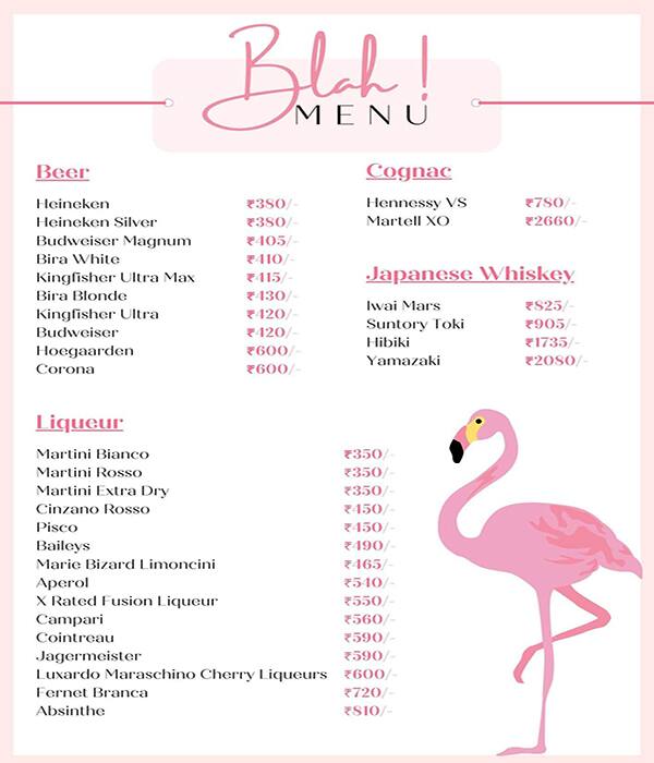 Menu of Blah!, Bandra Kurla Complex, Mumbai