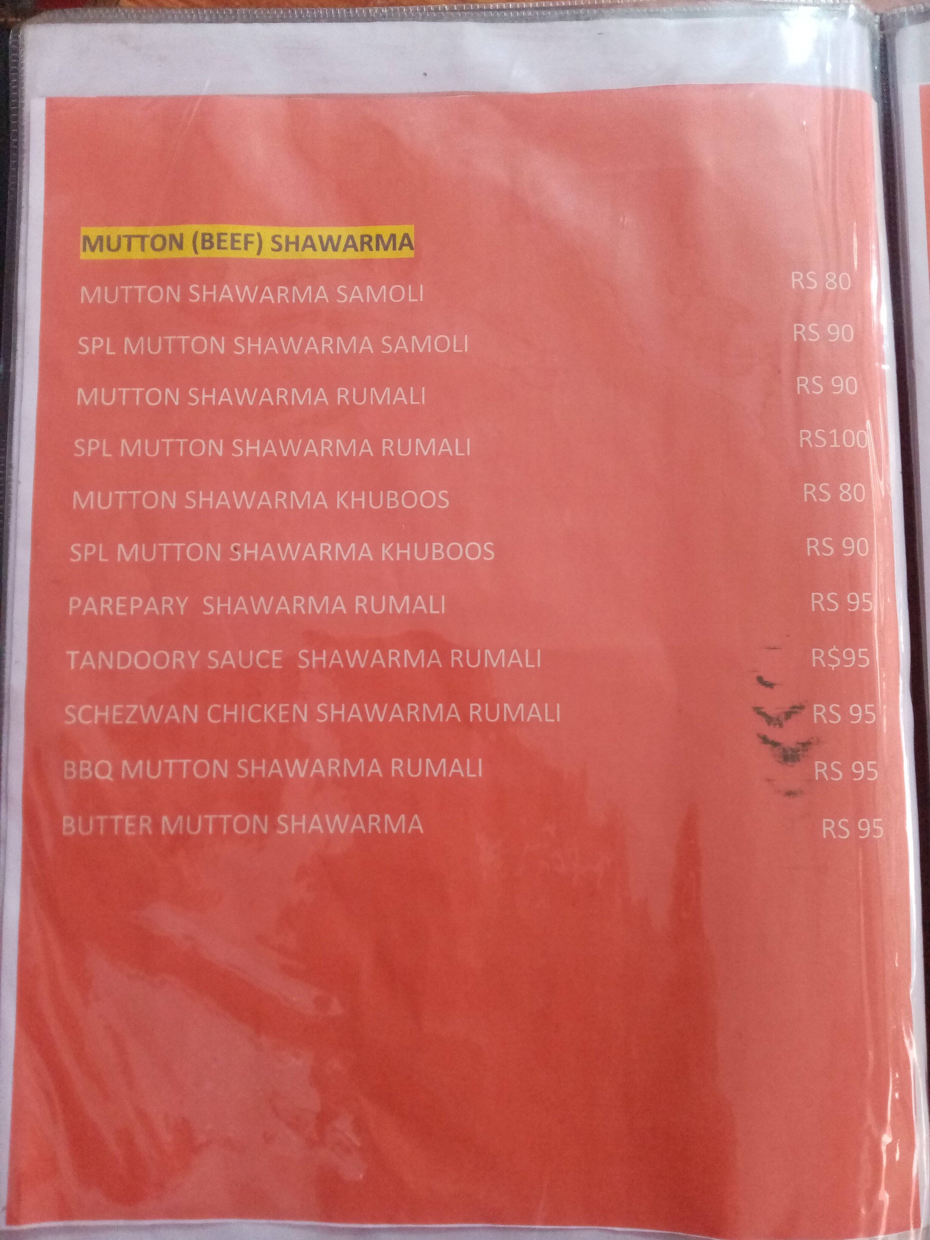 Menu at Shah Shawarma, Hyderabad