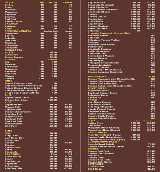 Menu of Hariom Dabeli, Ghatlodia, Ahmedabad