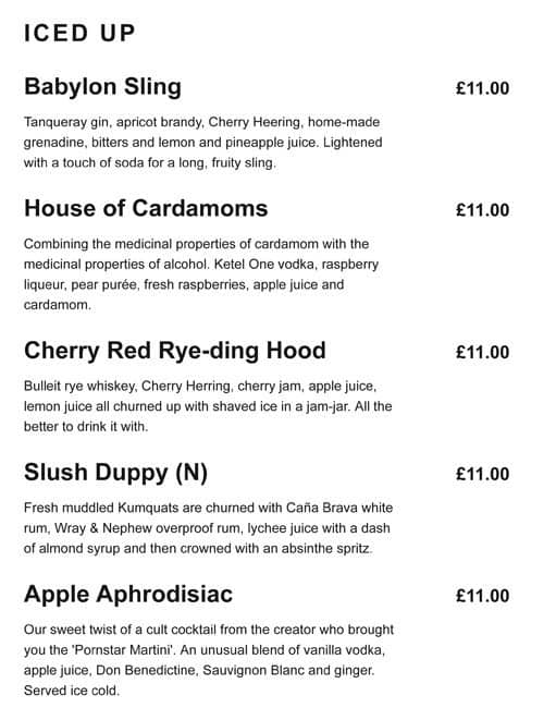 Menu at Babylon Restaurant, London, Kensington Roof Gardens