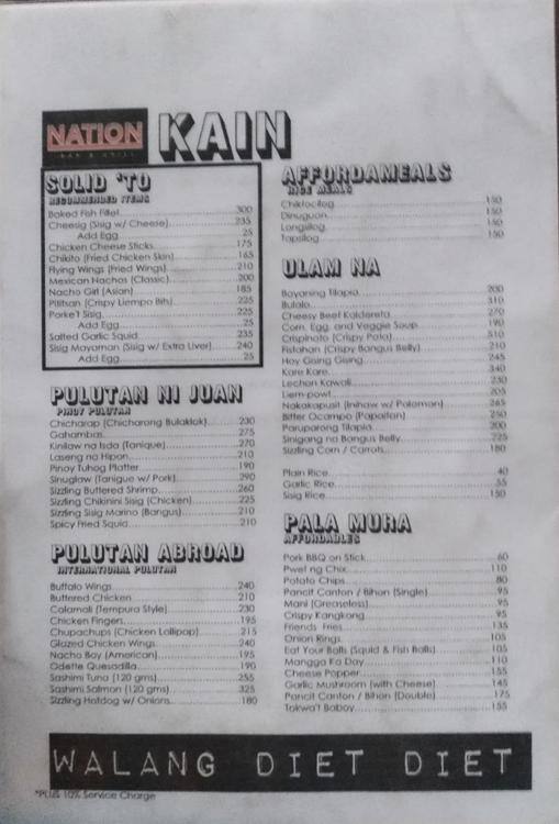 Menu at Nation Bar and Grill, Quezon City
