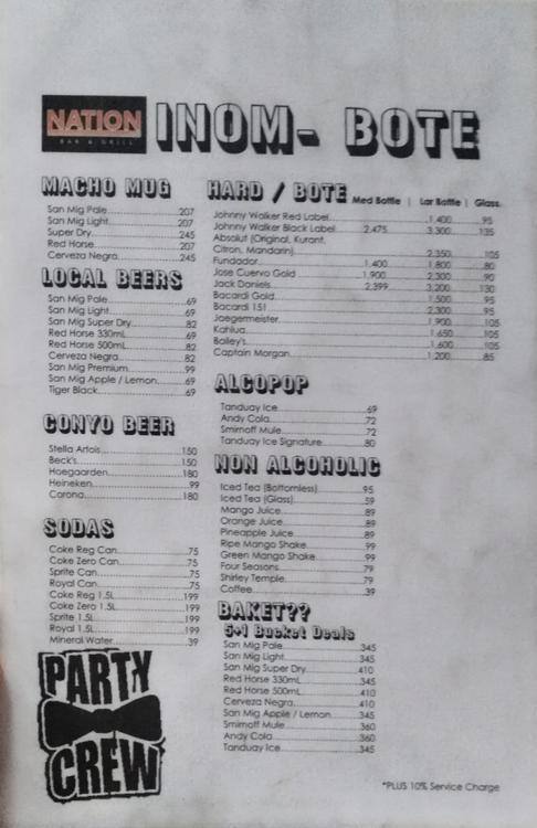 Menu at Nation Bar and Grill, Quezon City