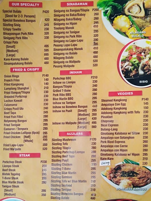 Menu at Bulalo Point restaurant, Laurel, Aguinaldo Highway