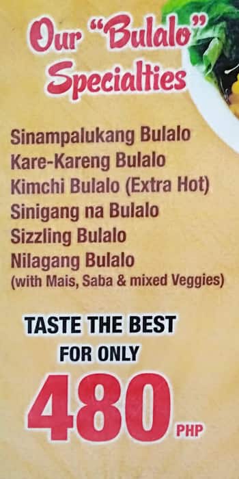 Menu at Bulalo Point restaurant, Laurel, Aguinaldo Highway