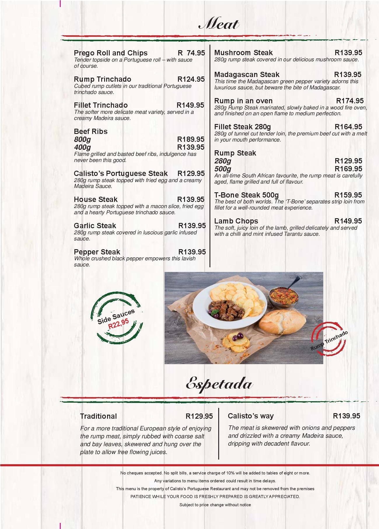 Menu at Calisto's Portuguese Restaurant Rosebank, Johannesburg