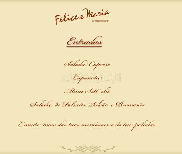 Menu at Felice e Maria restaurant, São Paulo