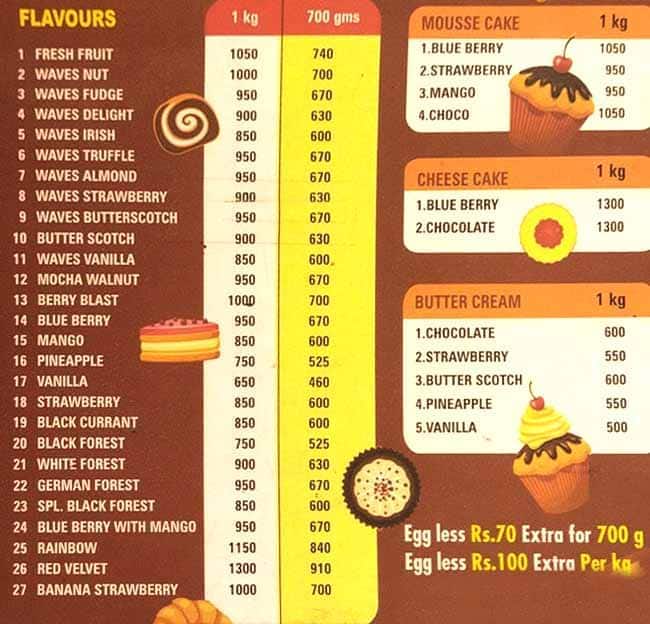 Menu of Cake Waves, Pallavaram, Chennai