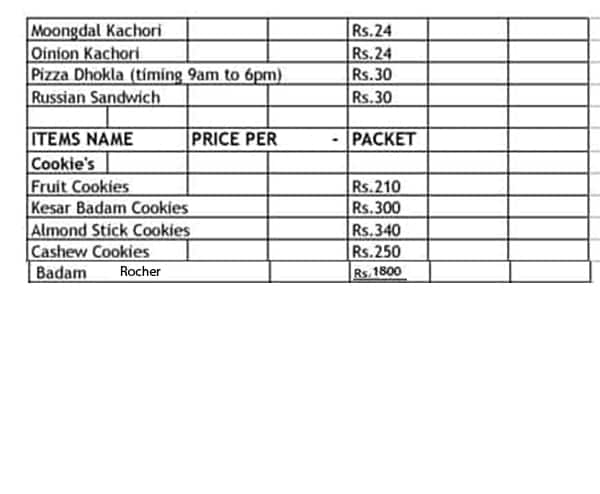 Menu at Sri Shagun Mithai Vatika, Hyderabad