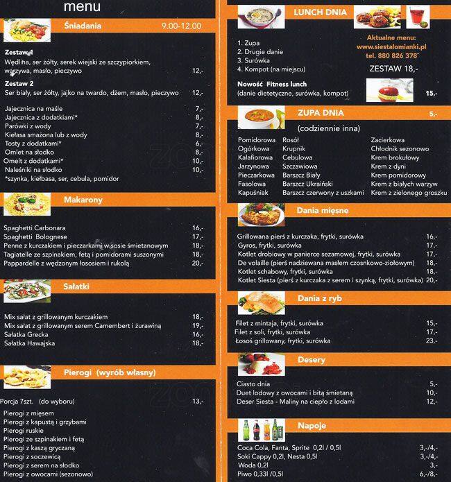 Menu at Lunch Bar Siesta, Łomianki