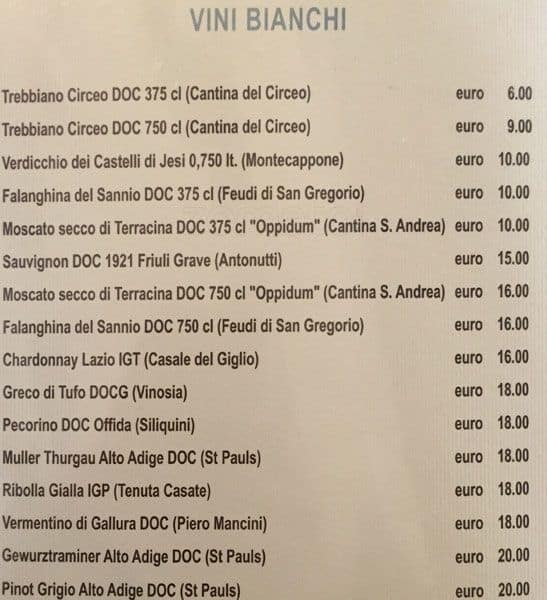 Menu at Retro restaurant, Rome