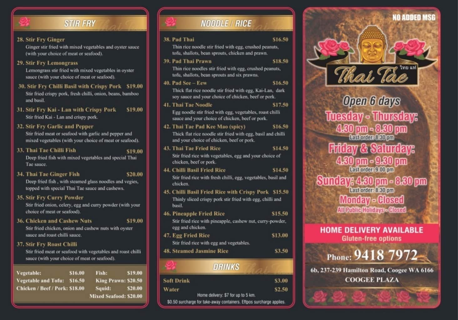 Menu at Thai Tae restaurant, Coogee