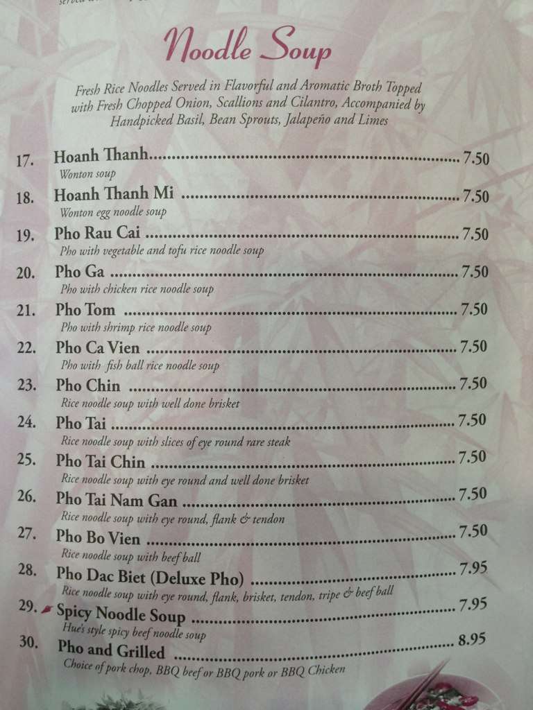 Menu at Pho Huong Viet restaurant, Cherry Hill