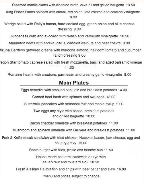 Menu at Roots Restaurant & Bar, Camas