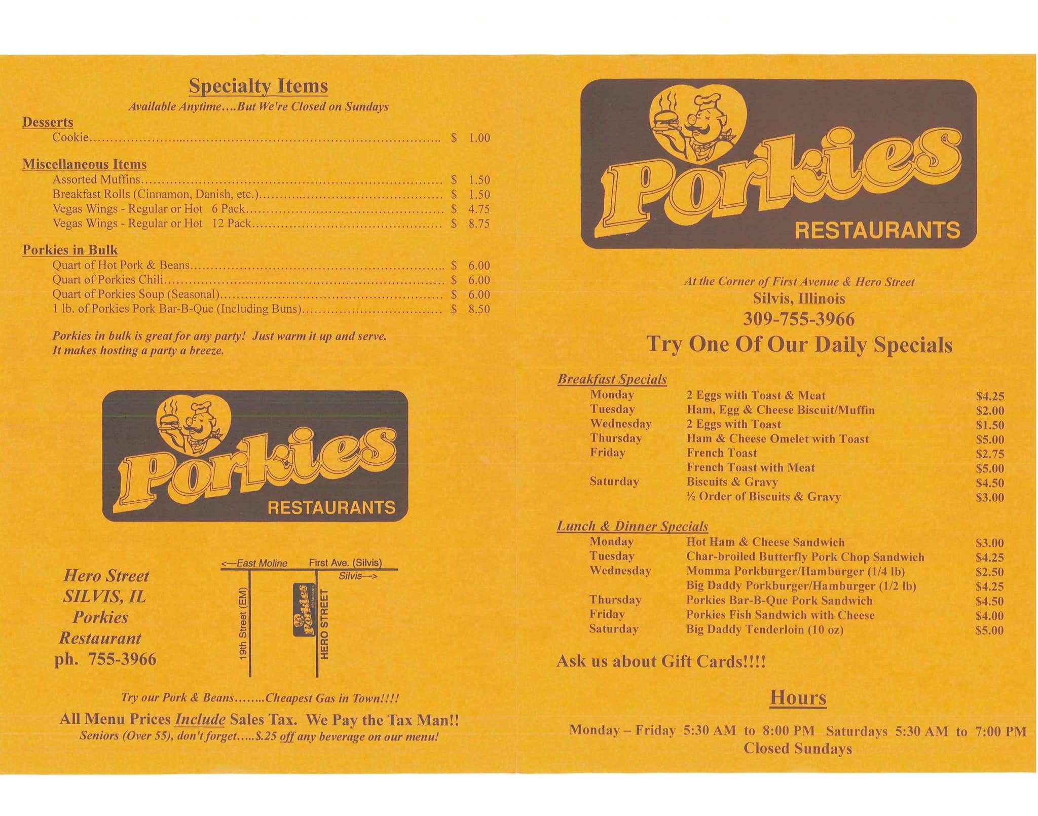 Menu at Porkies restaurant, Silvis