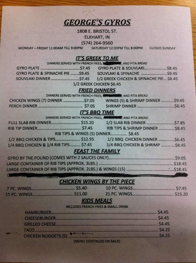 Menu at George's Gyros restaurant, Elkhart