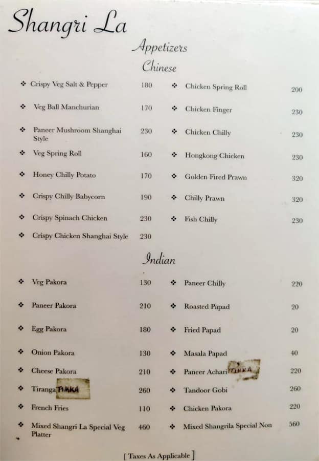 Menu of Hotel Shangri-La, Chauk Bazaar, Darjeeling