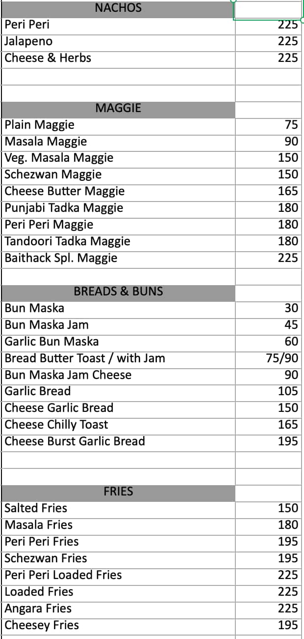Menu of Baithack, Azad Nagar, Mumbai
