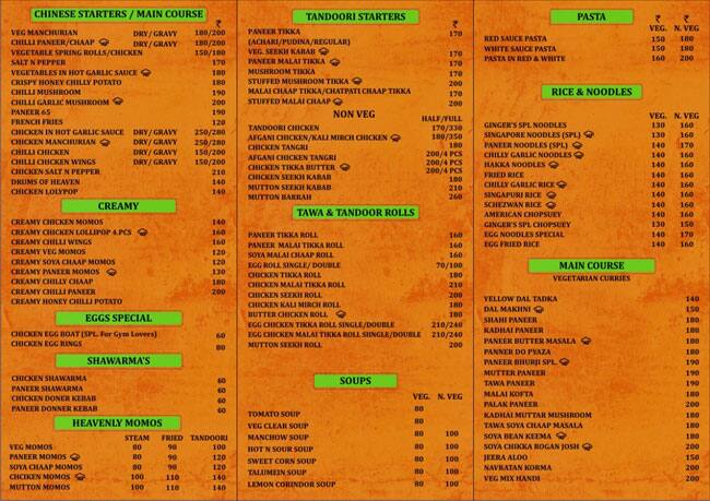 Menu at Ginger House, Delhi, J3JQ+FXR
