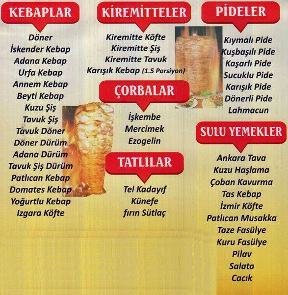 Menu at Dedem Kebap restaurant, Ankara, Sıhhıye