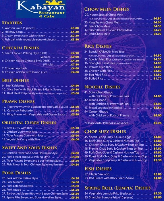 Menu at Kabayan Restaurant & Cafe, London