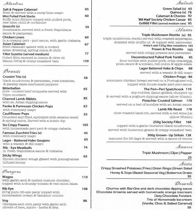 Society Eatery & Craft Bar Menu - Zomato SA