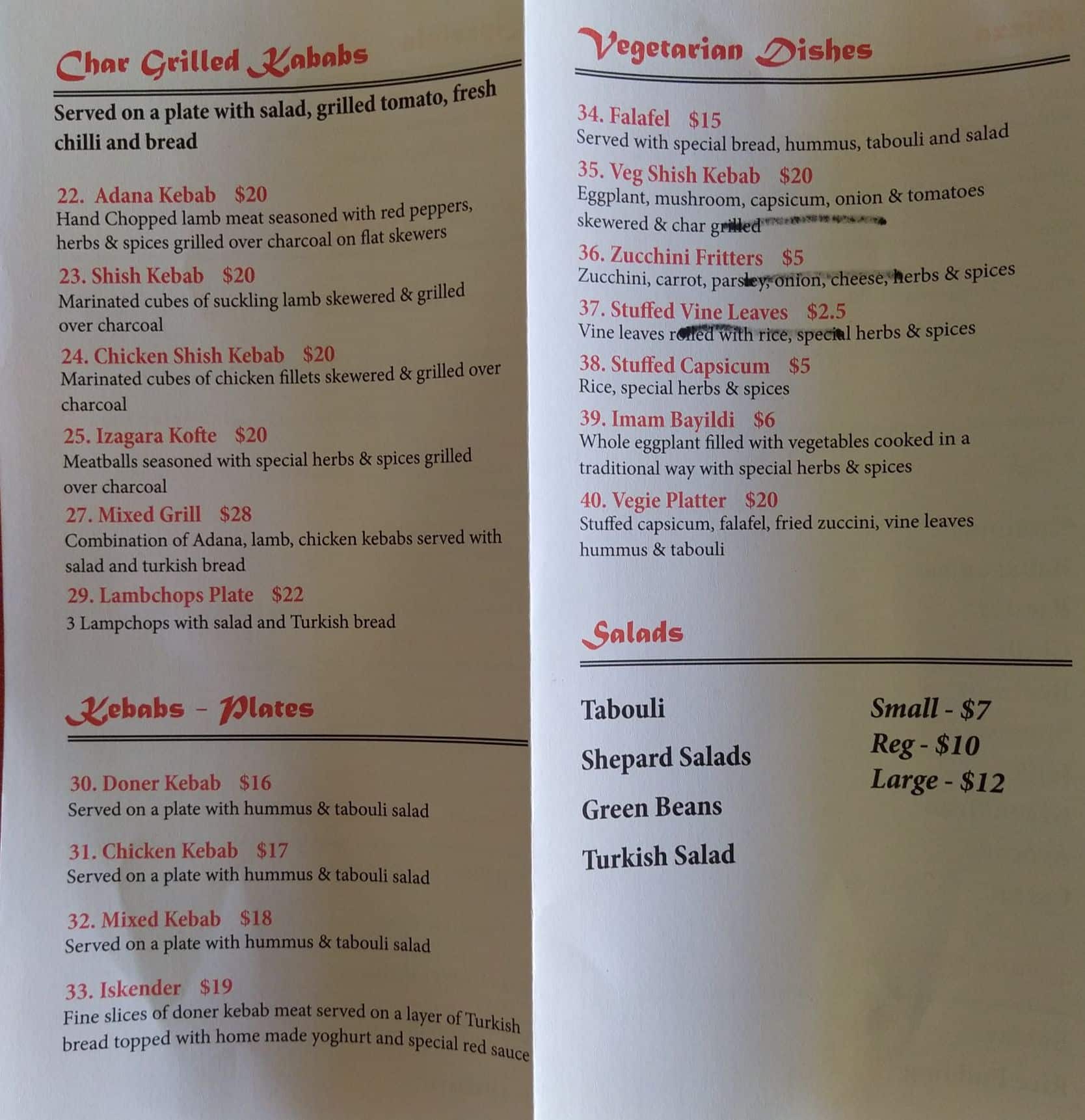Menu at Princess Table restaurant, Maroubra