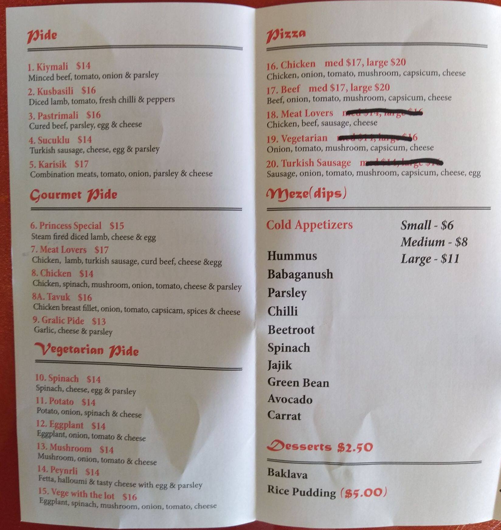 Menu at Princess Table restaurant, Maroubra