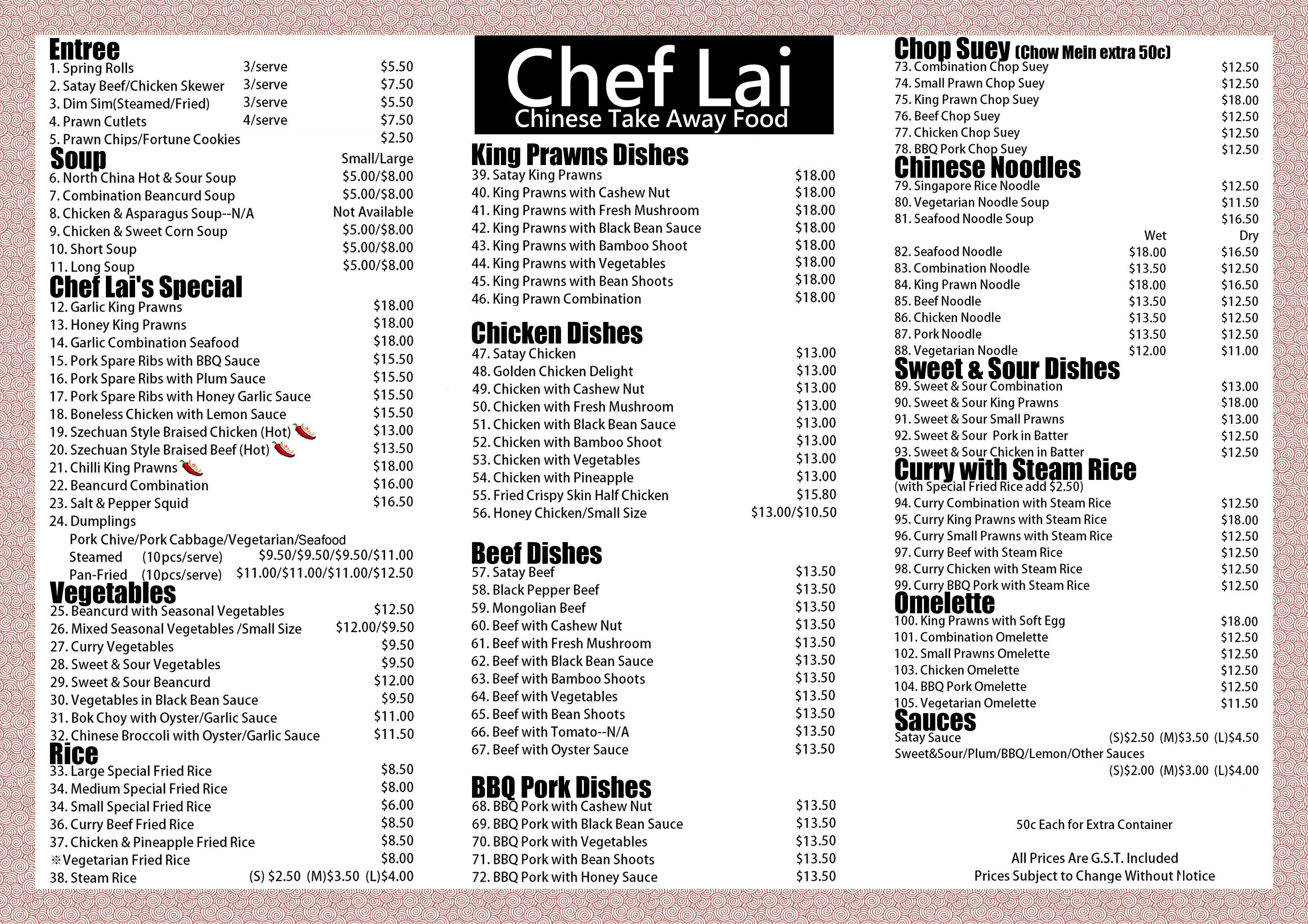 Menu at Chef Lai fast food, Firle