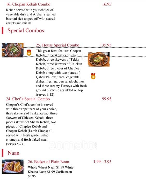 Menu at Afghan Chopan Restaurant, Surrey