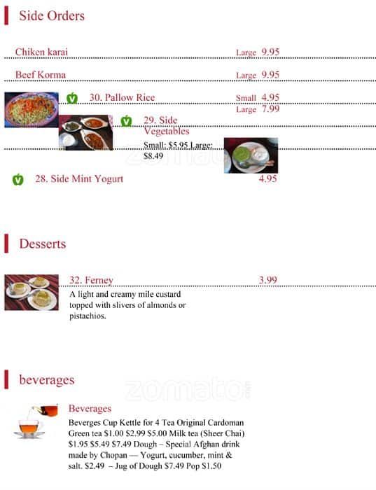 Menu at Afghan Chopan Restaurant, Surrey