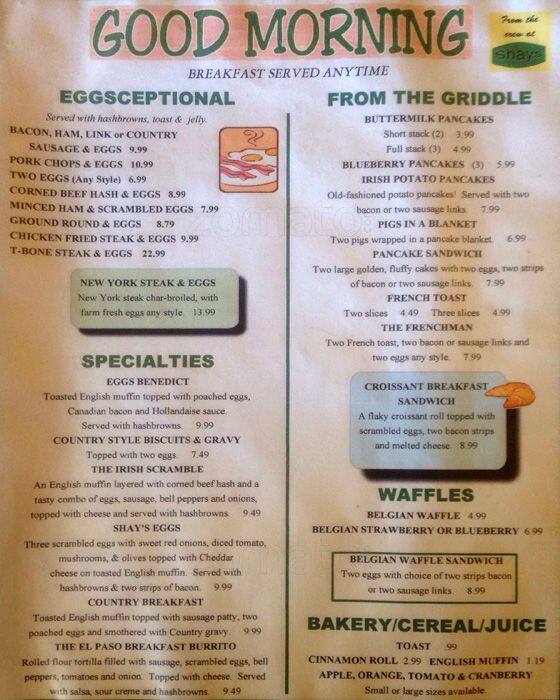 Menu at Shay's Restaurant, Shoreline