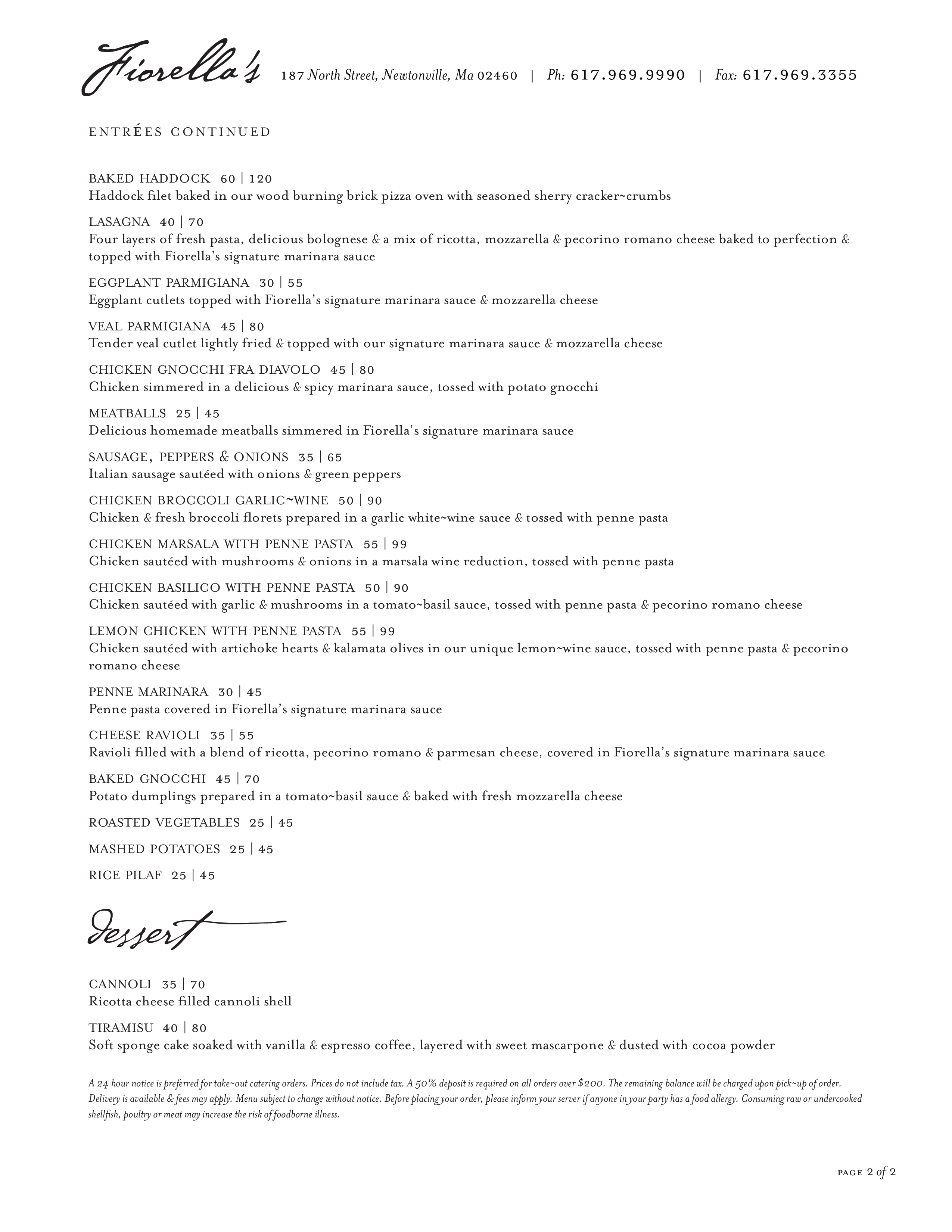 Menu at Fiorella's Cucina pizzeria, Newton