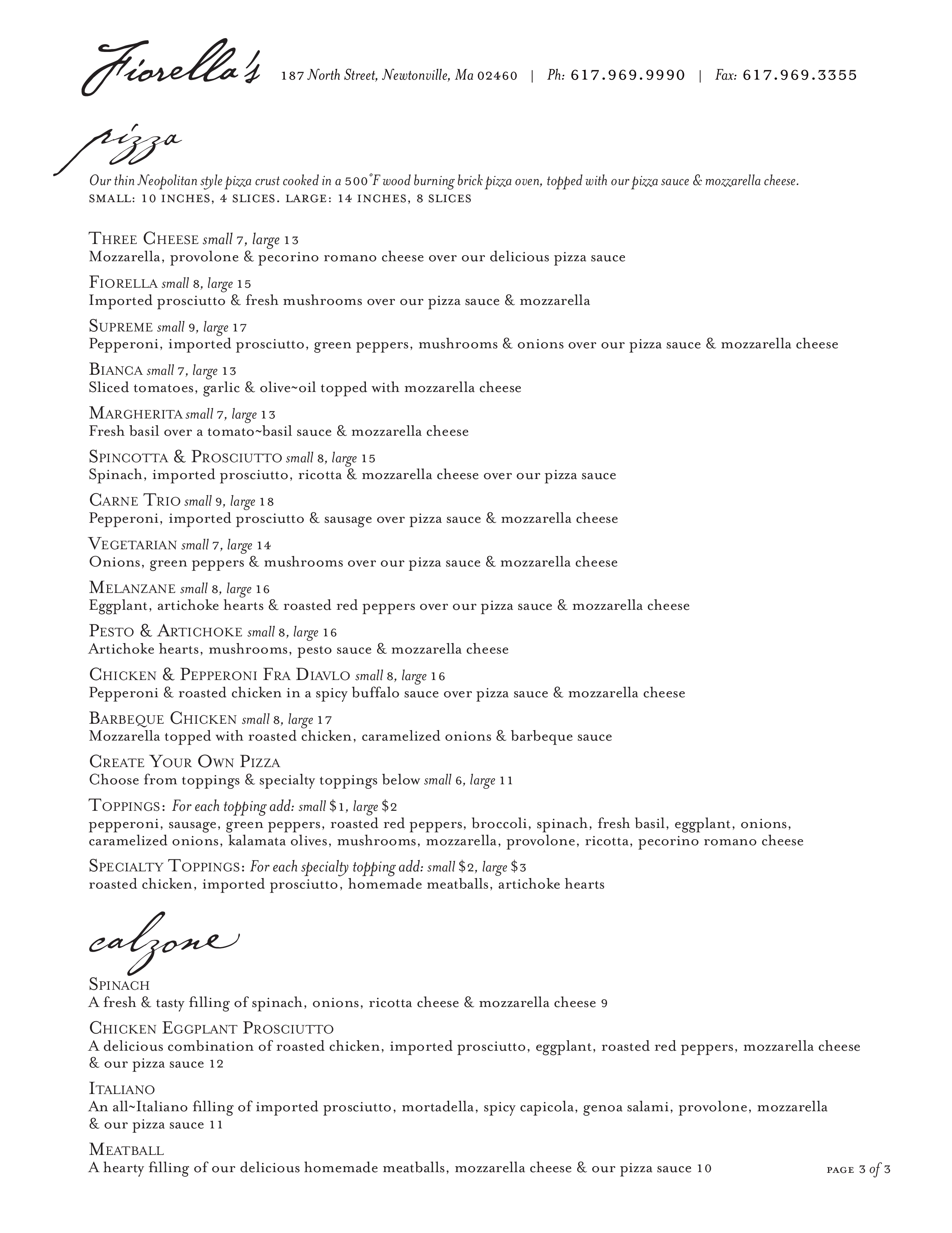 Menu at Fiorella's Cucina pizzeria, Newton