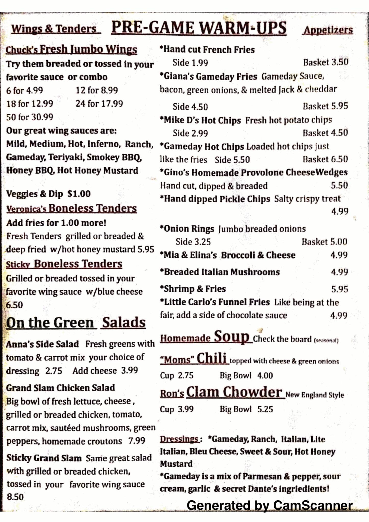 Menu at Dante's Gameday Grille pub & bar, Akron