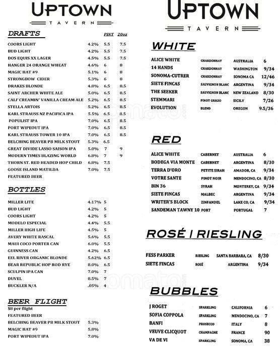 Menu at Uptown Tavern restaurant, San Diego