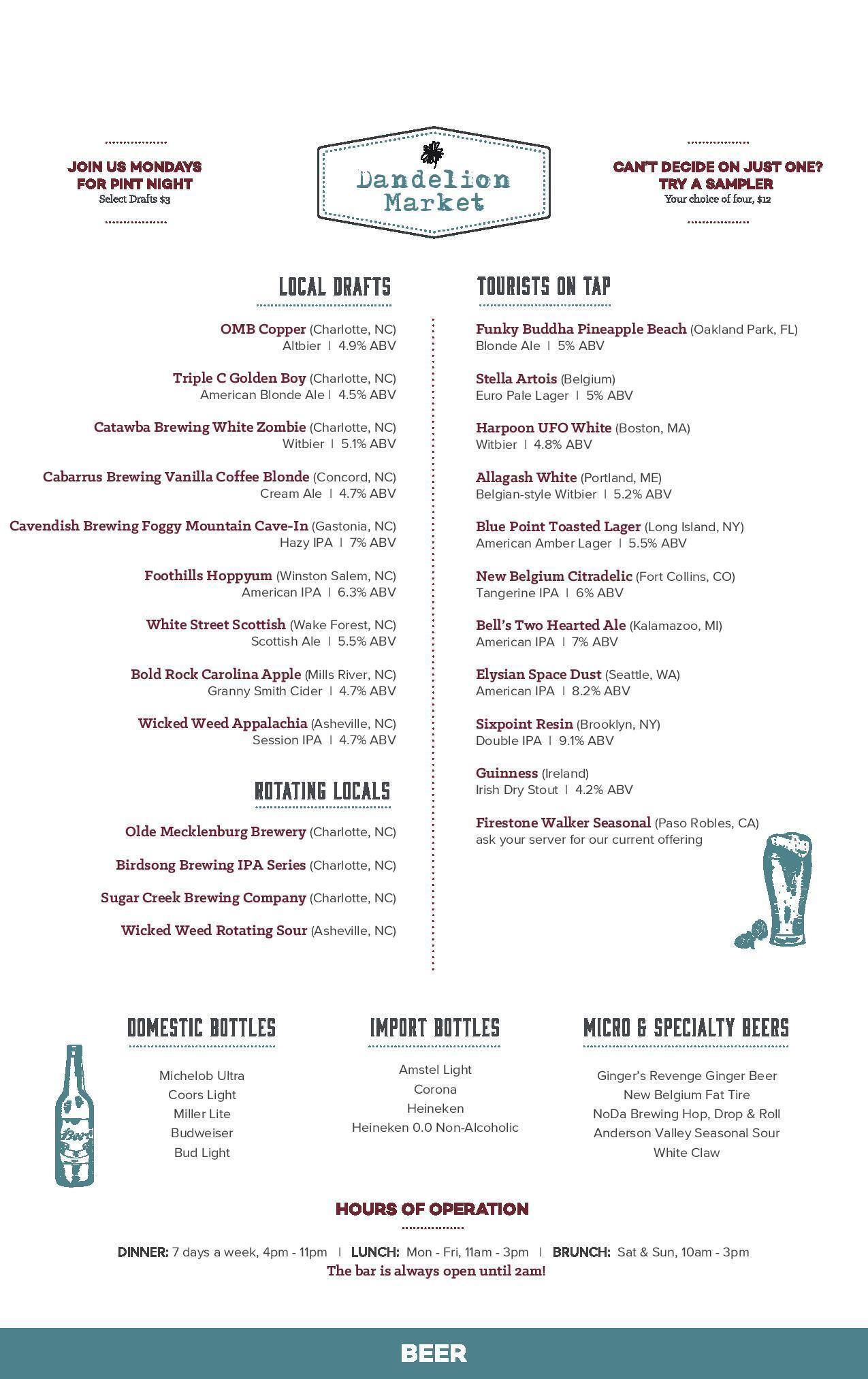 Menu at Dandelion Market pub & bar, Charlotte