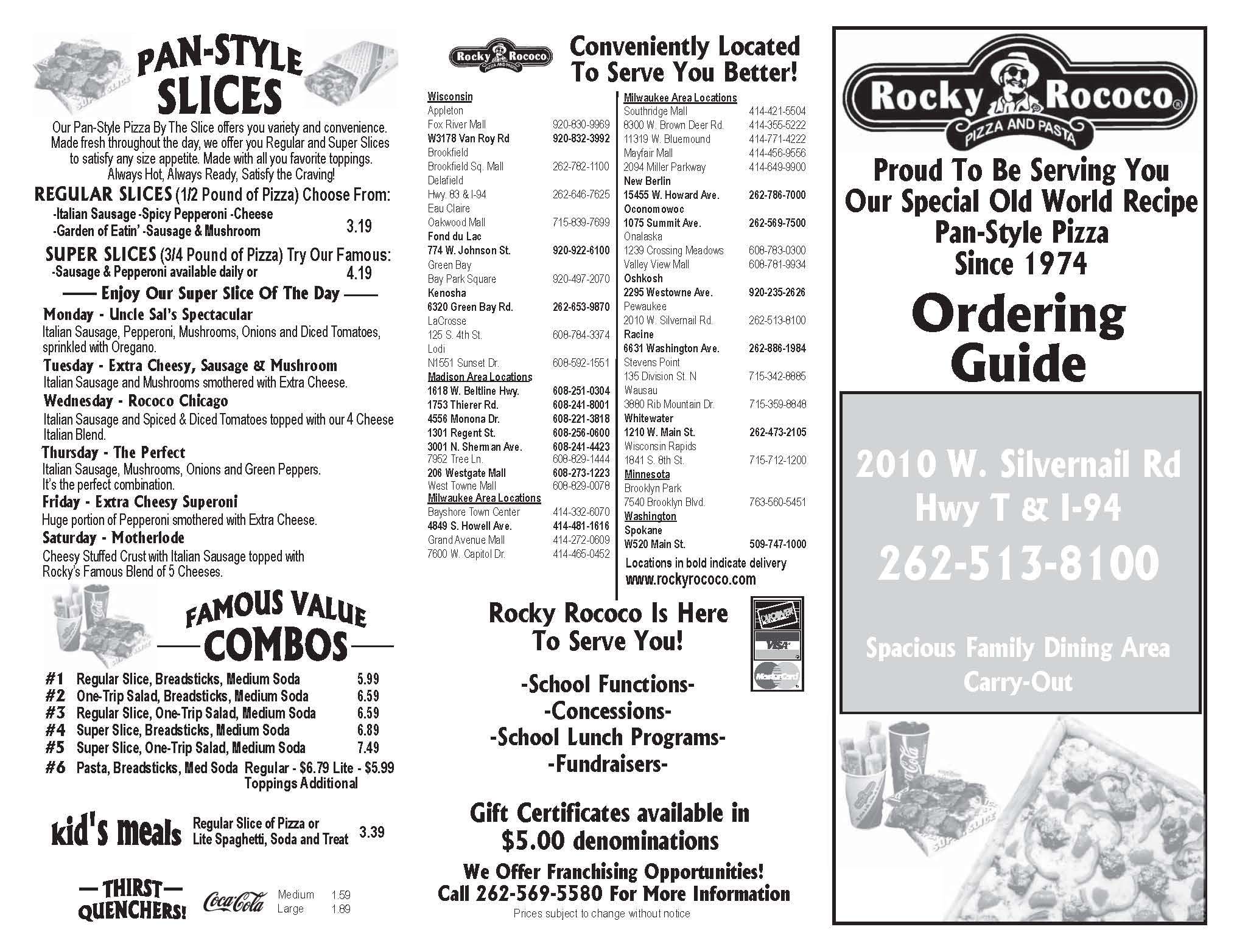 Menu at Rocky Rococo Pizza and Pasta pizzeria, Pewaukee